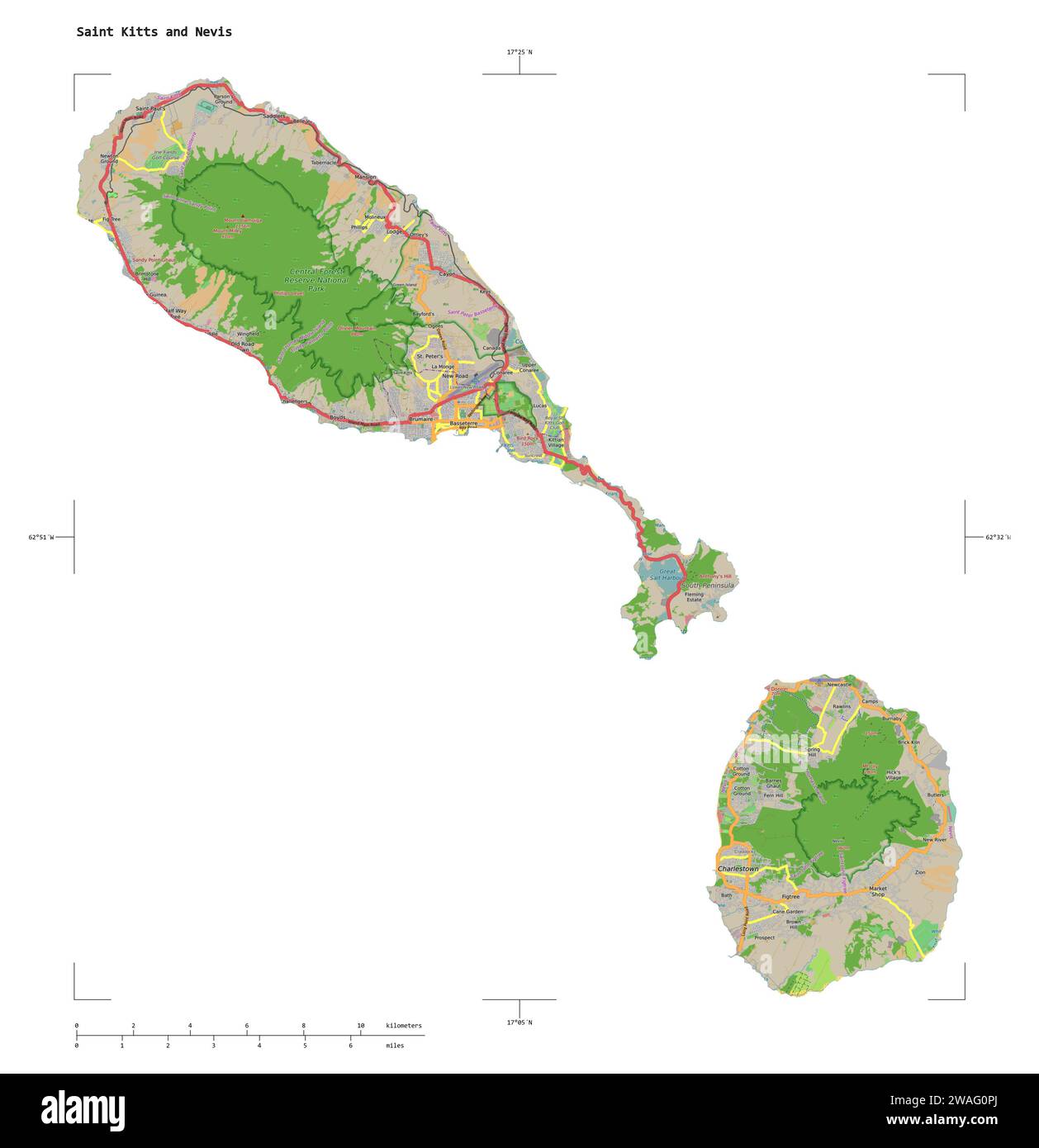 Shape of a topographic, OSM France style map of the Saint Kitts and ...