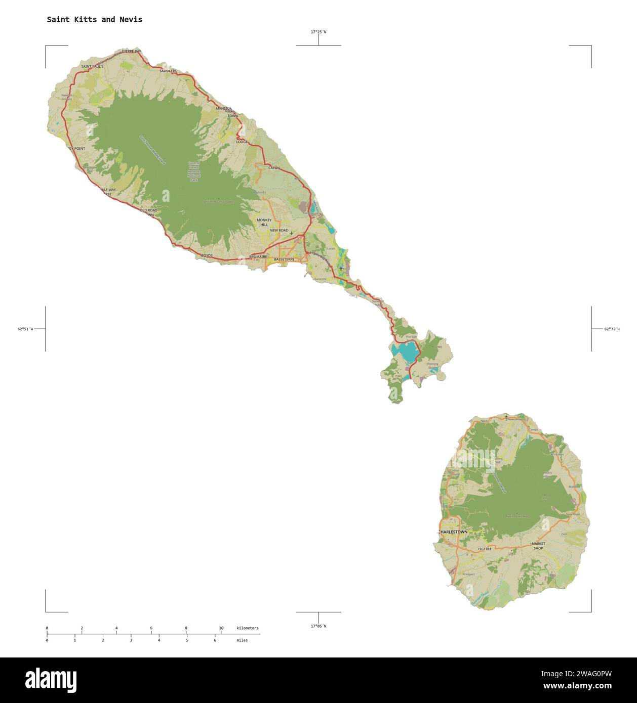 Shape of a topographic, OSM Humanitarian style map of the Saint Kitts ...