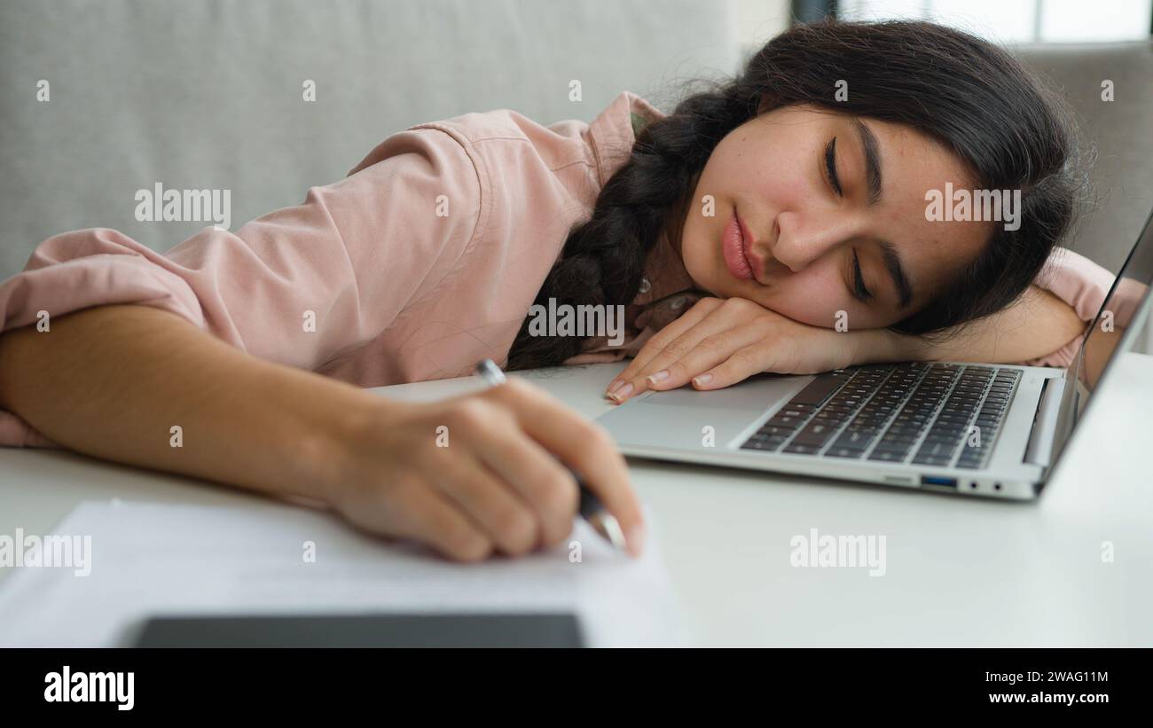 Tired sleeping woman sleep closed eyes on office table sleepy ...