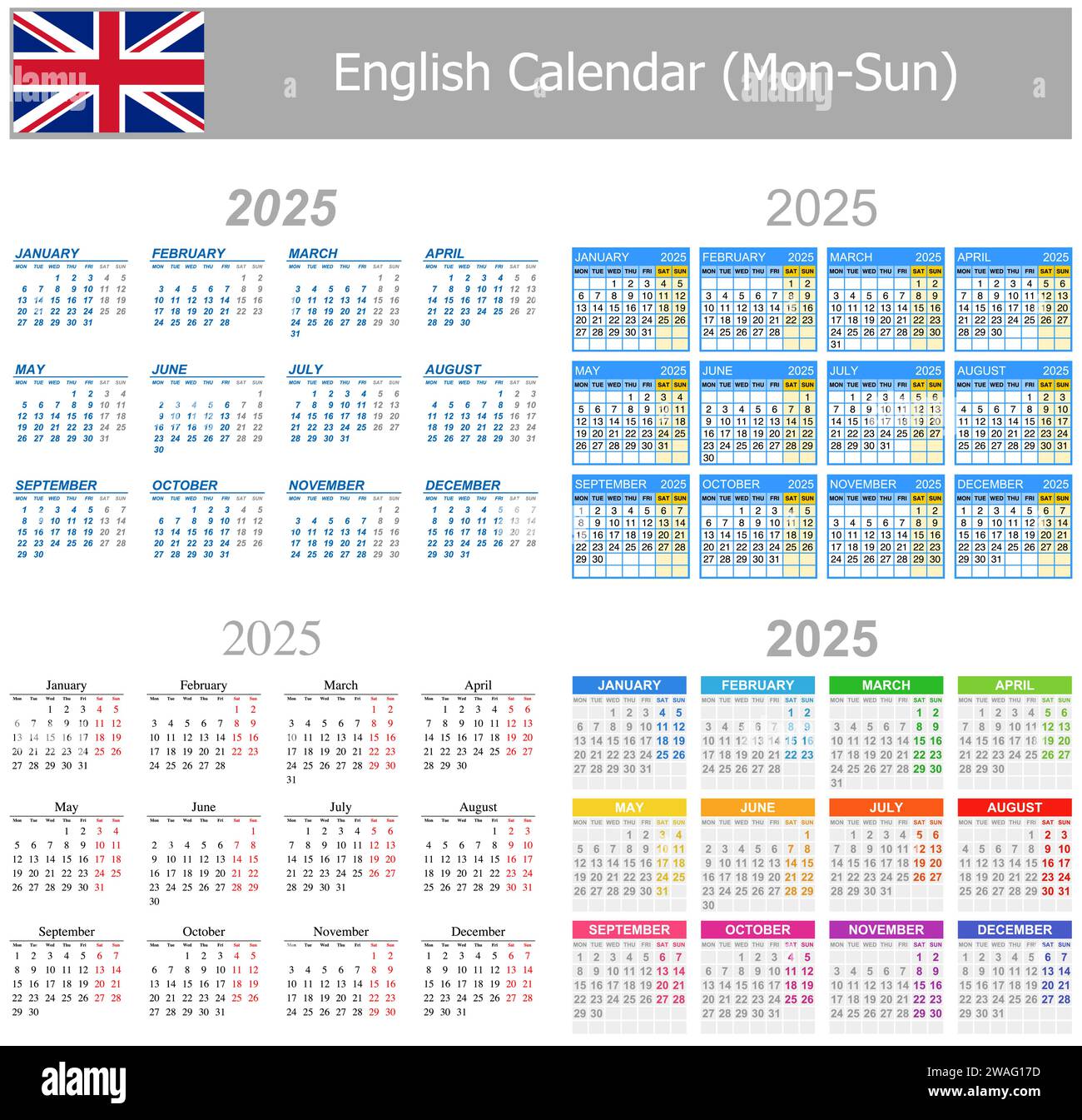2025 English Mix Calendar Mon-Sun on white background Stock Vector ...