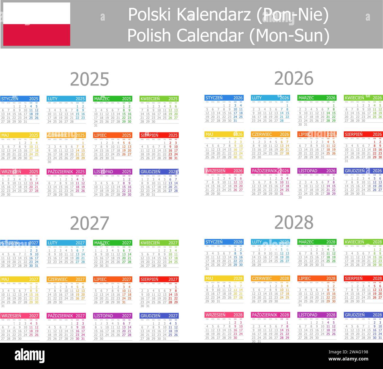 2025-2028 Polish Type-1 Calendar Mon-Sun on white background Stock ...