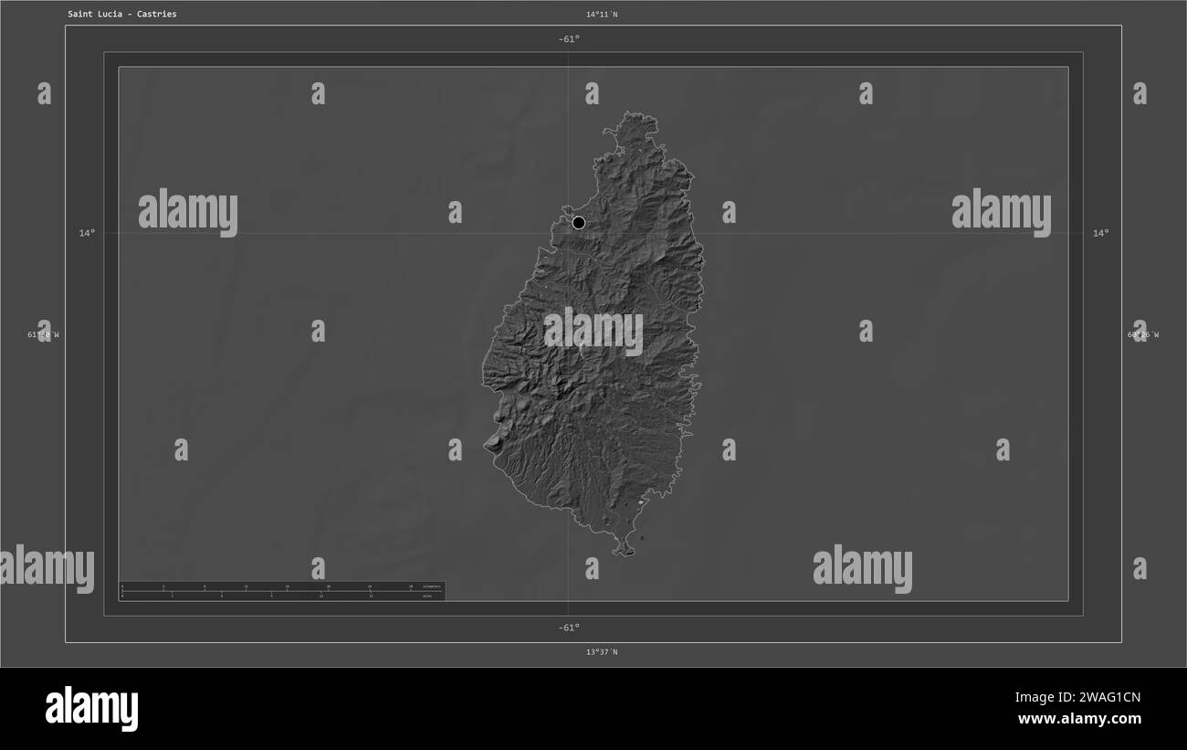 Saint Lucia highlighted on a Bilevel elevation map with lakes and ...