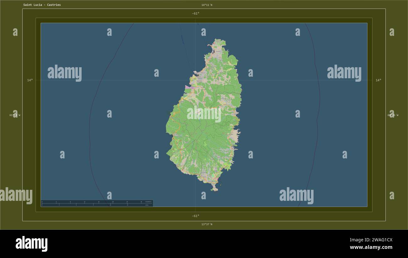 Saint Lucia highlighted on a topographic, OSM standard style map map ...