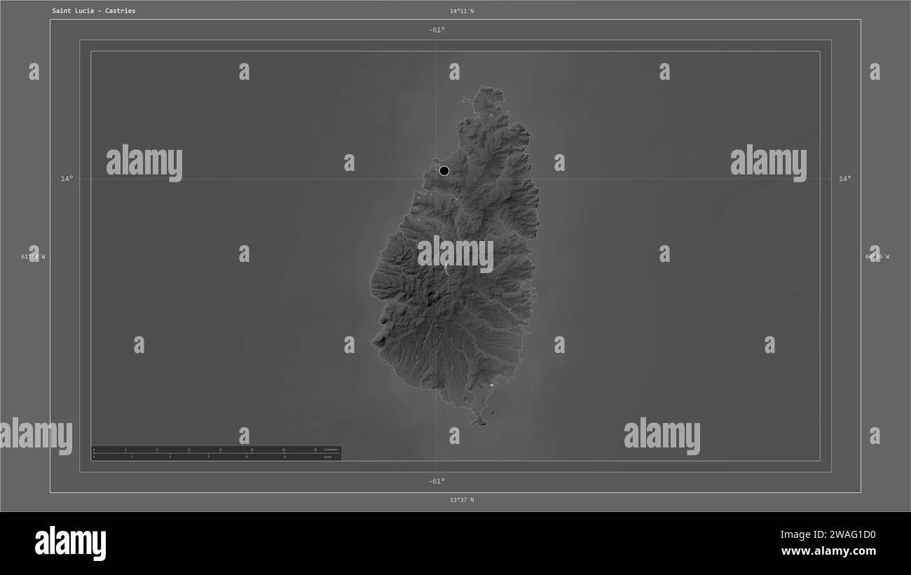 Saint Lucia highlighted on a Grayscale elevation map with lakes and ...