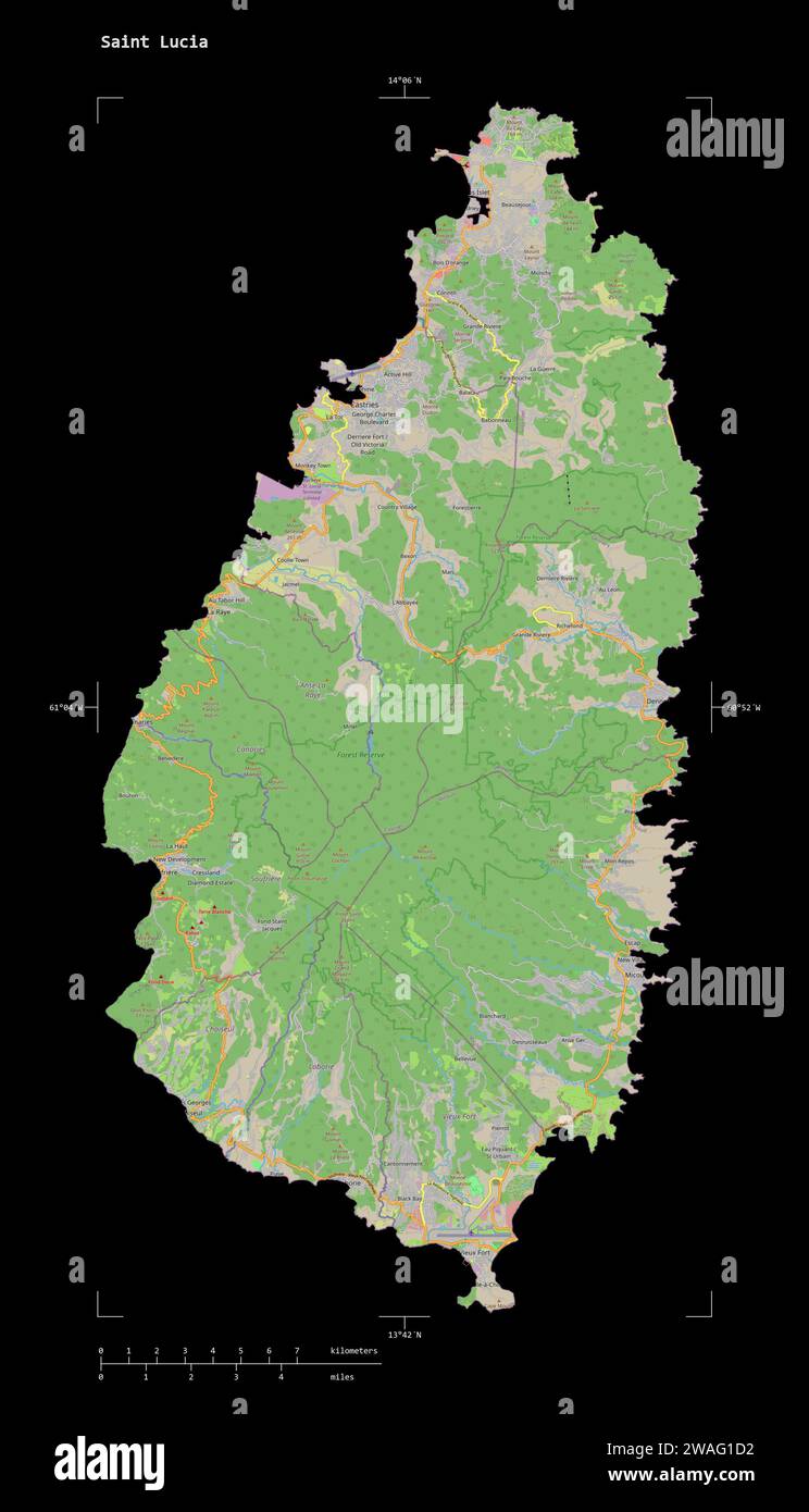 Shape of a topographic, OSM standard style map of the Saint Lucia, with ...