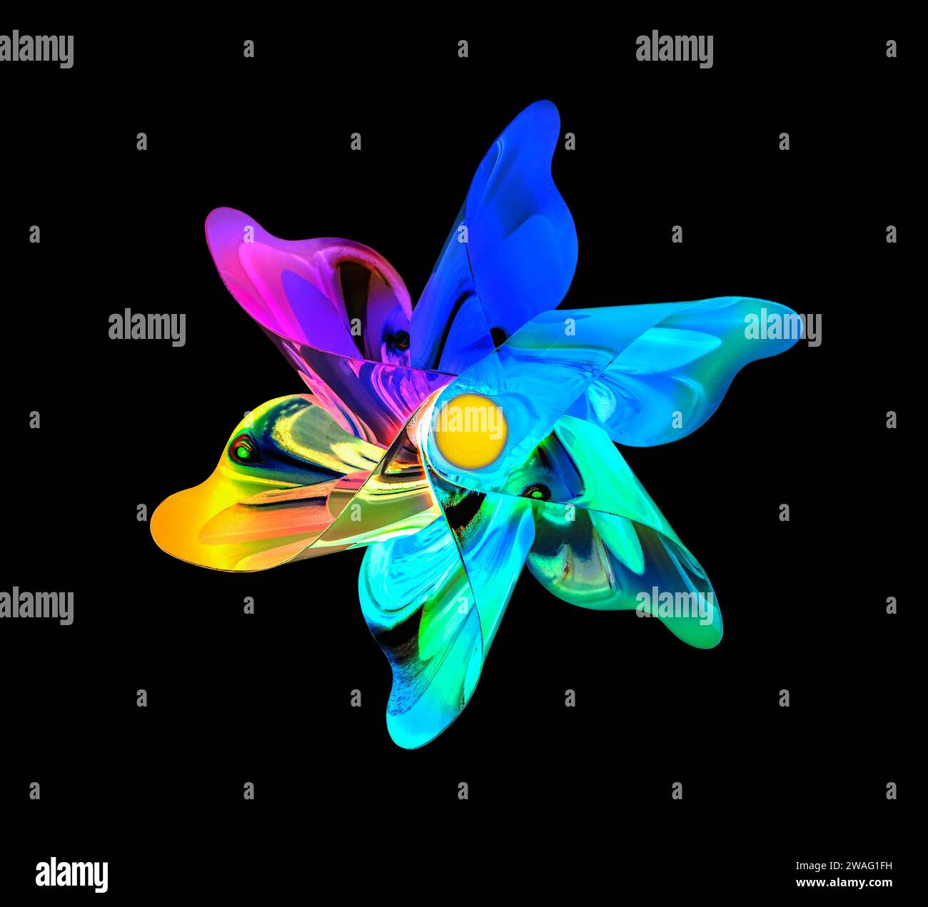 A front view of a regular toy pinwheel windmills with six differently ...