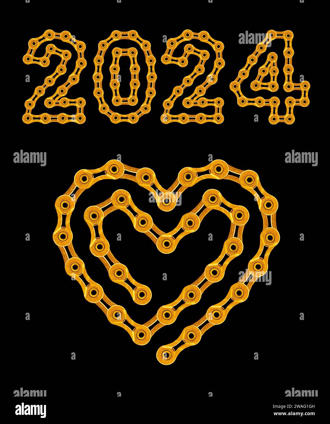 A heart made from golden chain links with 2024 Happy New Year on black ...