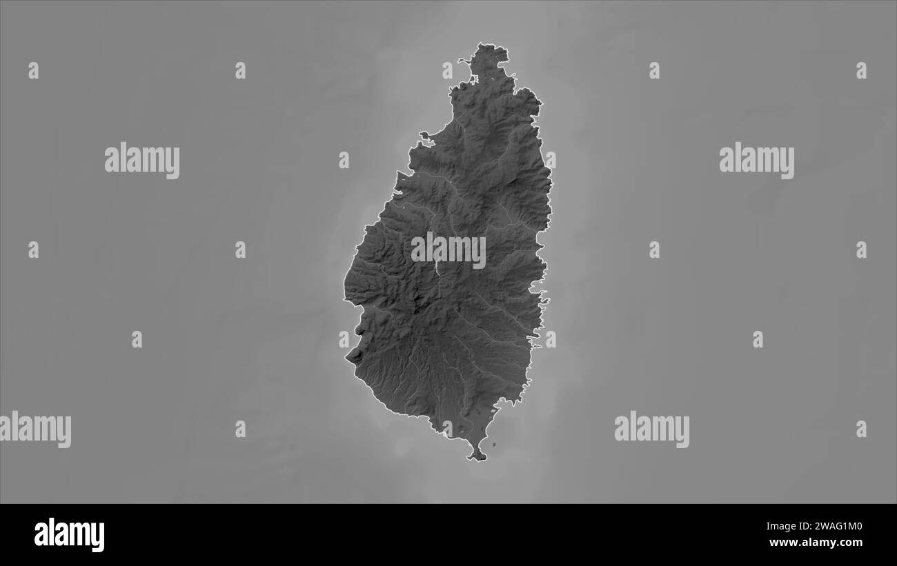 Saint Lucia outlined on a Grayscale elevation map with lakes and rivers ...