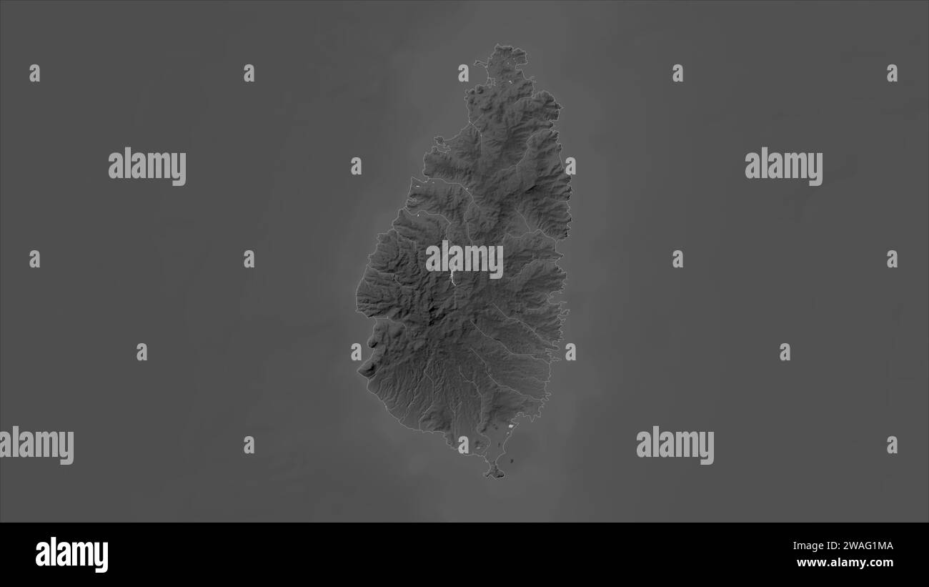 Saint Lucia highlighted on a Grayscale elevation map with lakes and ...