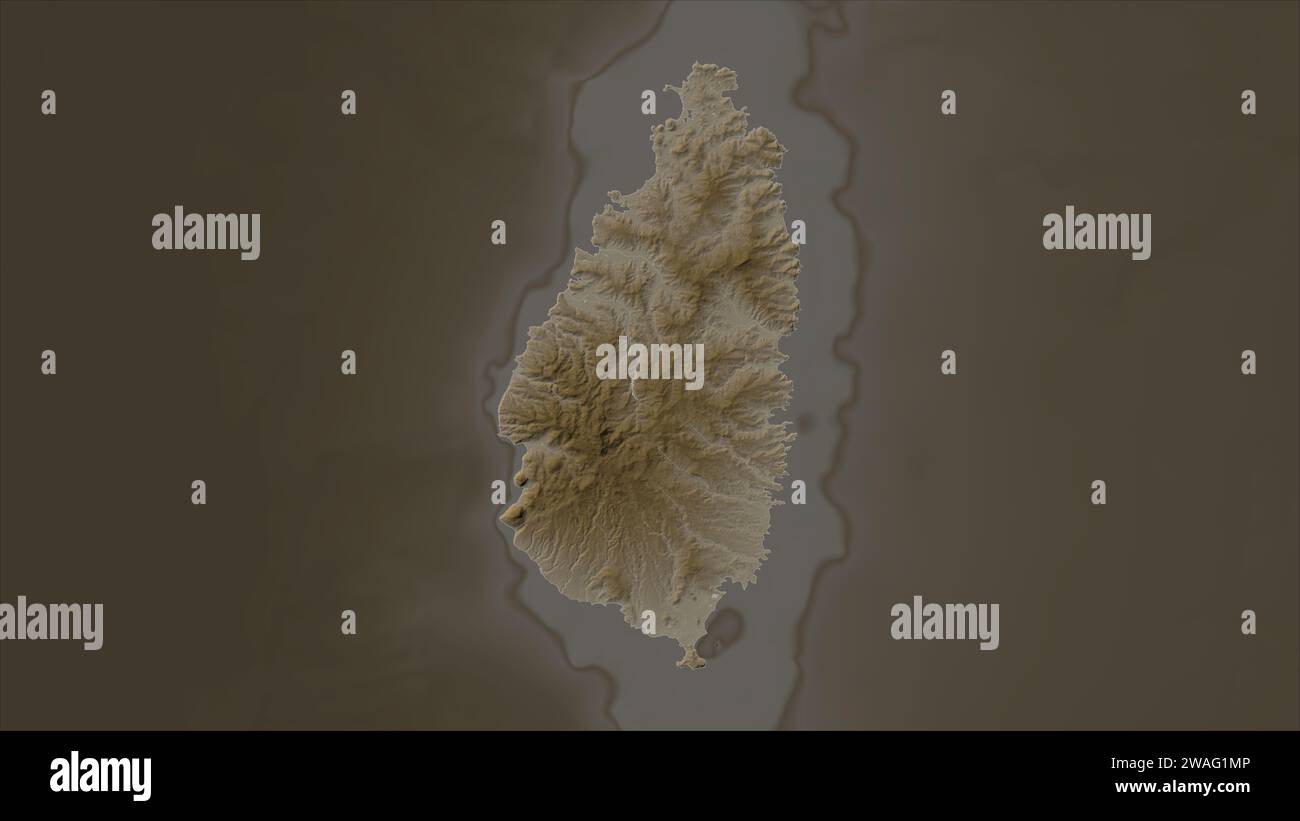 Saint Lucia highlighted on a elevation map colored in sepia tones with ...