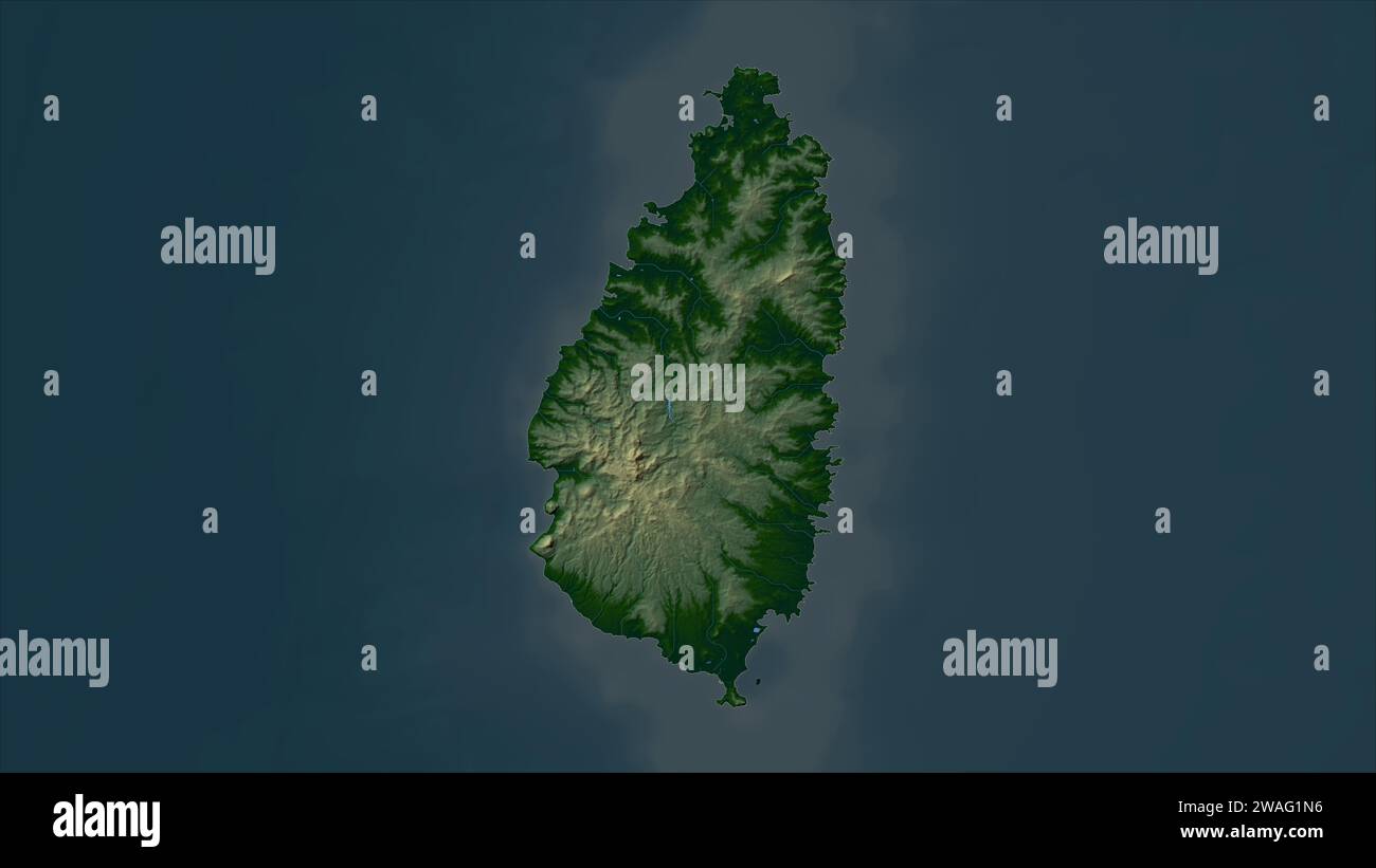 Saint Lucia highlighted on a Colored elevation map with lakes and ...