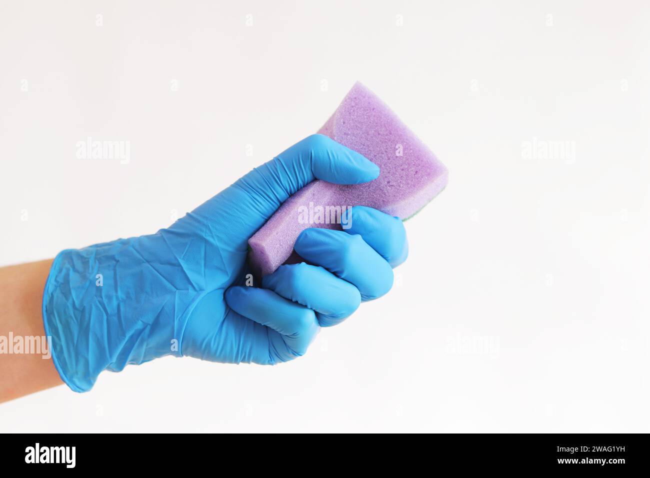 Sponge in hand, wet cleaning of the room, light background. A woman's ...