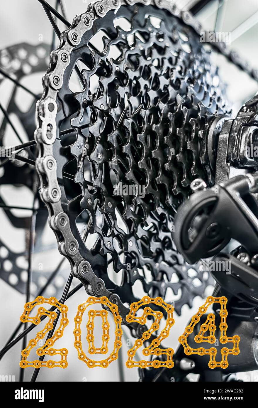 Bicycle rear wheel with detail of the gear system with 2024 Happy New ...