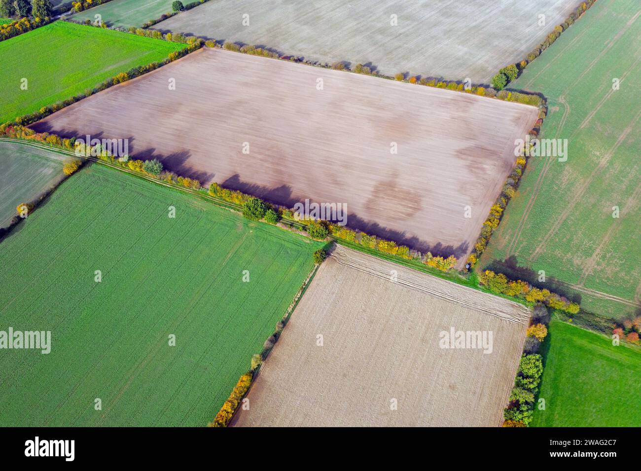 Aerial View Over Rural Bocage Landscape With Fields And Pastures Patchwork Of Plots Surrounded 