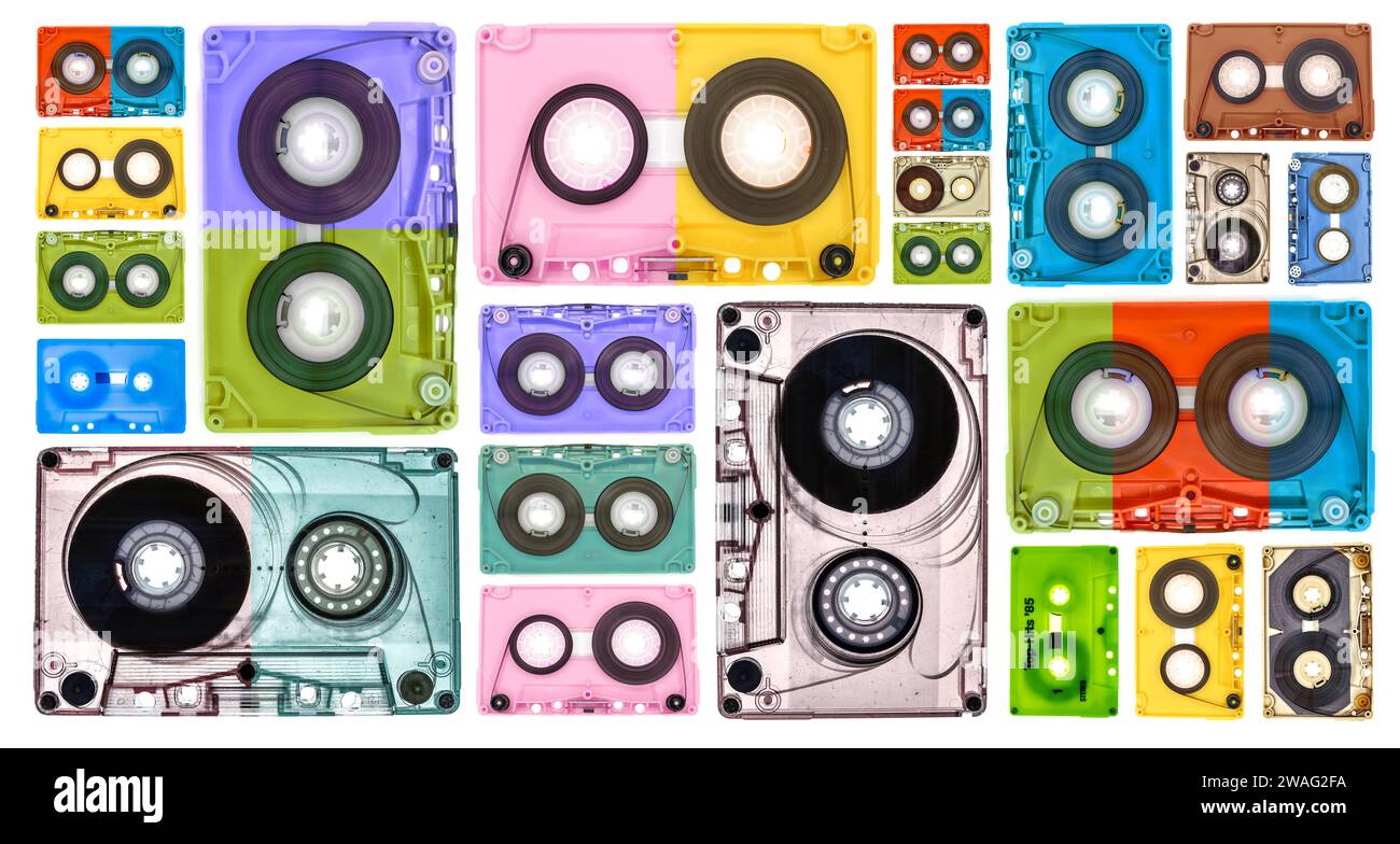 Colorful cassette tapes collage in knolling pattern, view from above ...