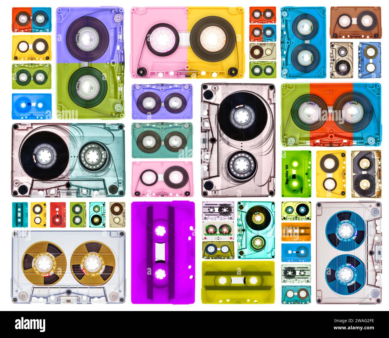 Colorful cassette tapes collage in knolling pattern, view from above ...