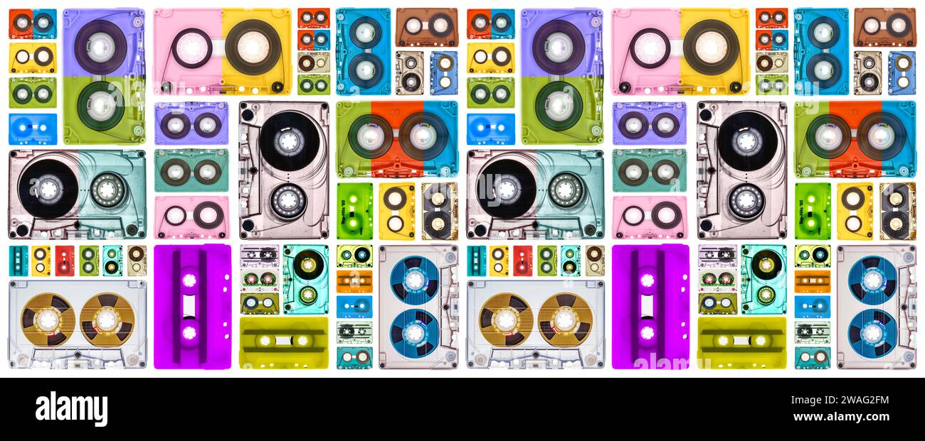 Colorful cassette tapes collage in knolling pattern, view from above ...