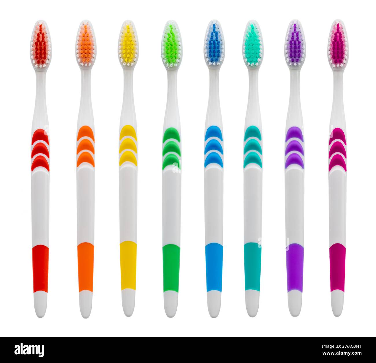 plastic colorful toothbrushes on a white background Stock Photo - Alamy