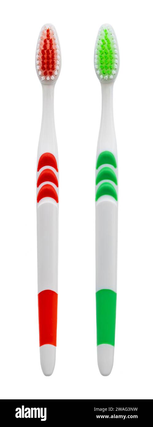 plastic red and green toothbrushes on a white background Stock Photo ...