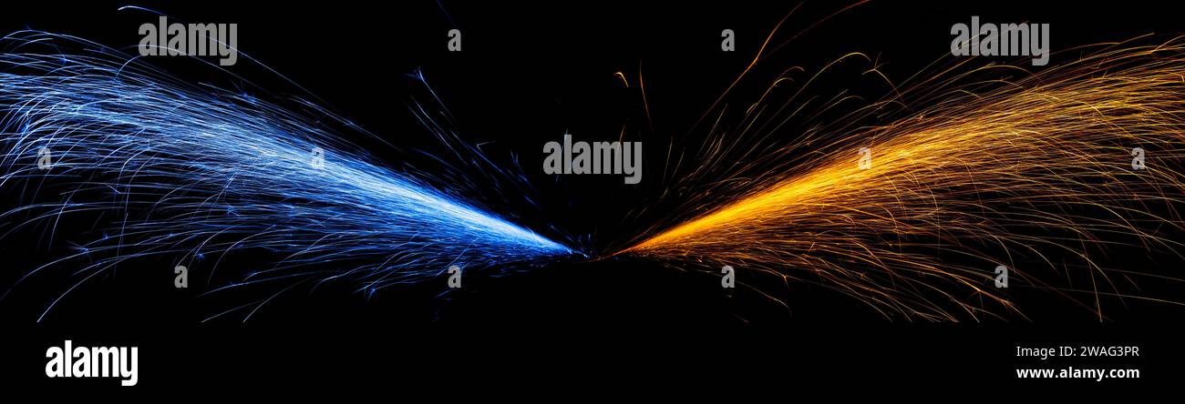 red and blue fast-flying sparks from angle grinders on black background ...