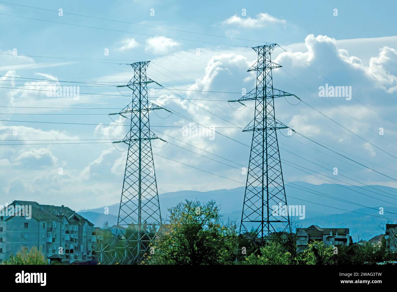 Large pylons used to support electrical cables that transmit high ...