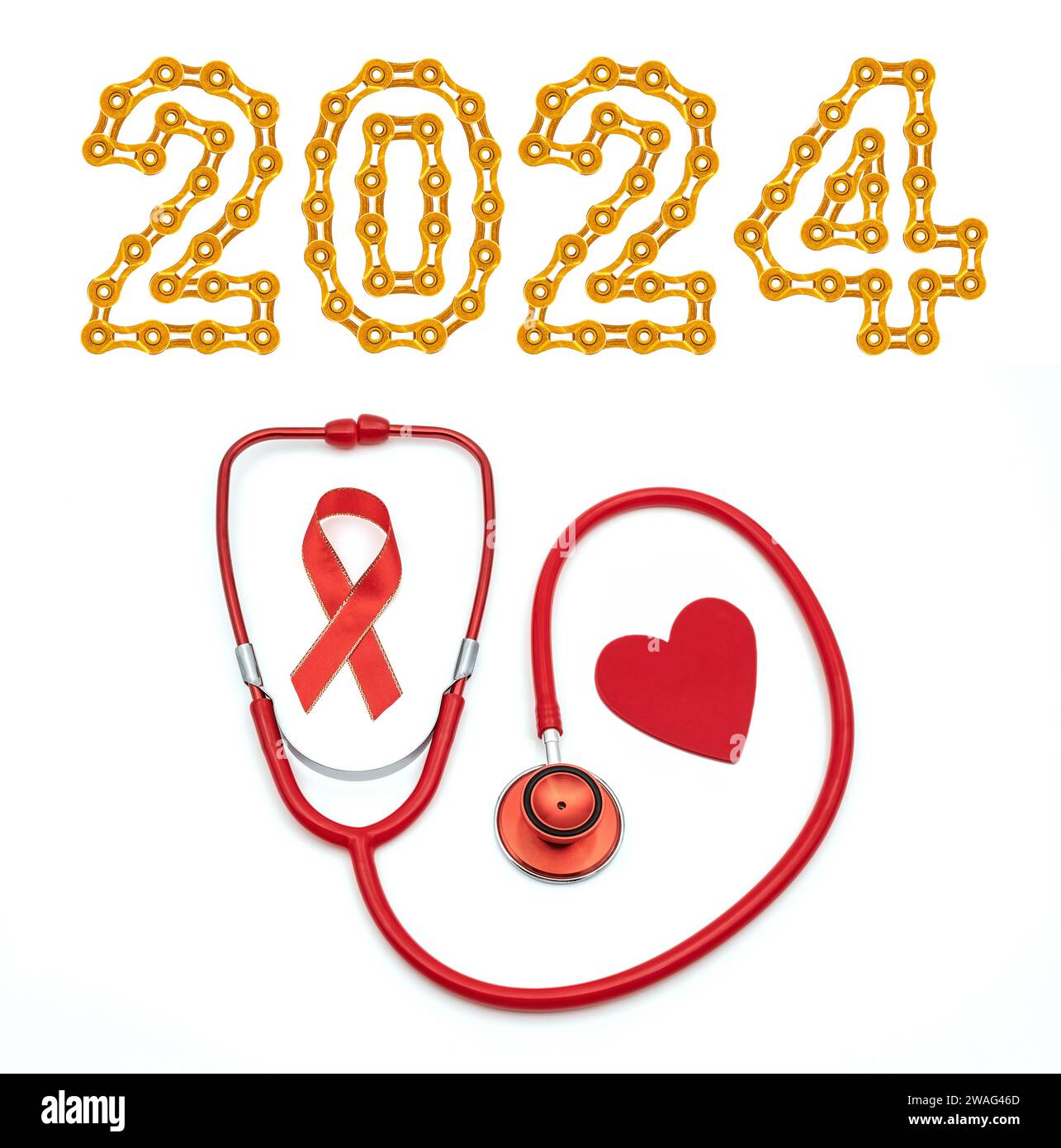 Top view photo of red stethoscope with red silk ribbon symbol of aids ...