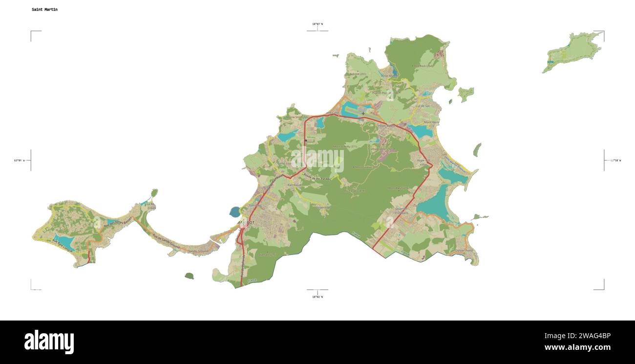 Shape of a topographic, OSM Humanitarian style map of the Saint Martin ...
