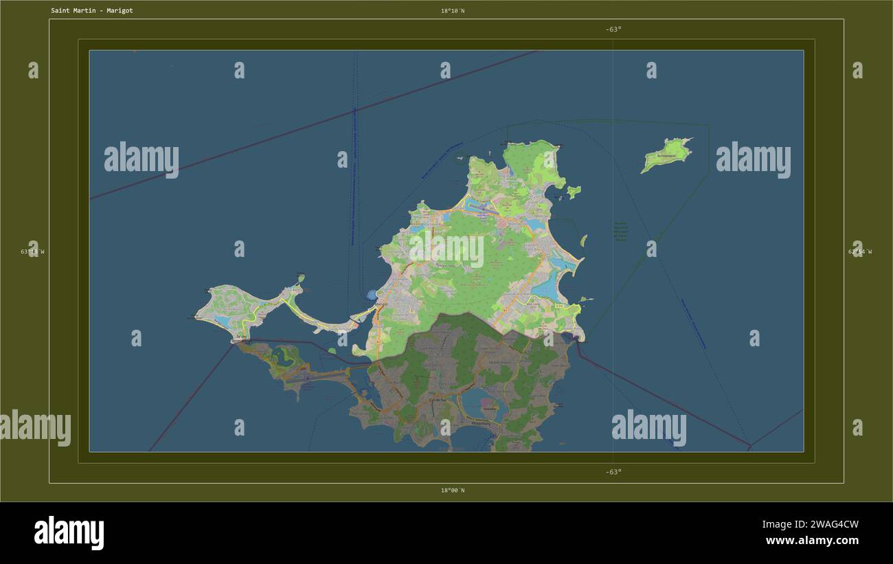 Saint Martin highlighted on a topographic, OSM standard style map map ...