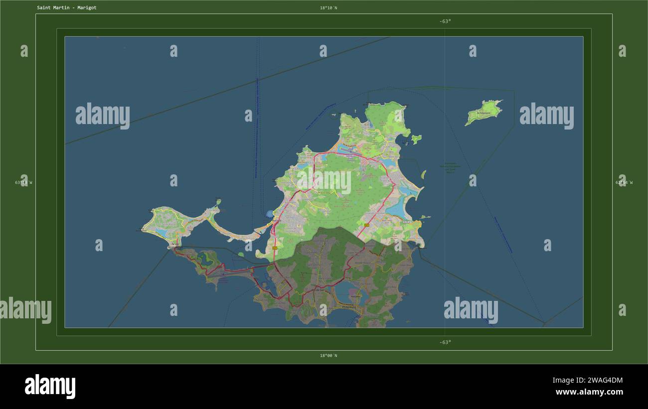 Saint Martin highlighted on a topographic, OSM Germany style map map with the country's capital ...