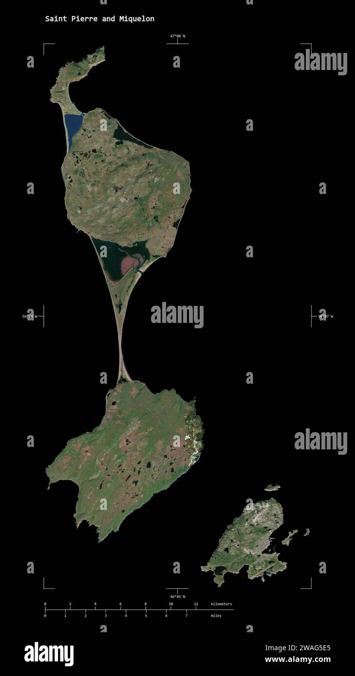Shape of a low resolution satellite map of the Saint Pierre and Miquelon, with distance scale ...