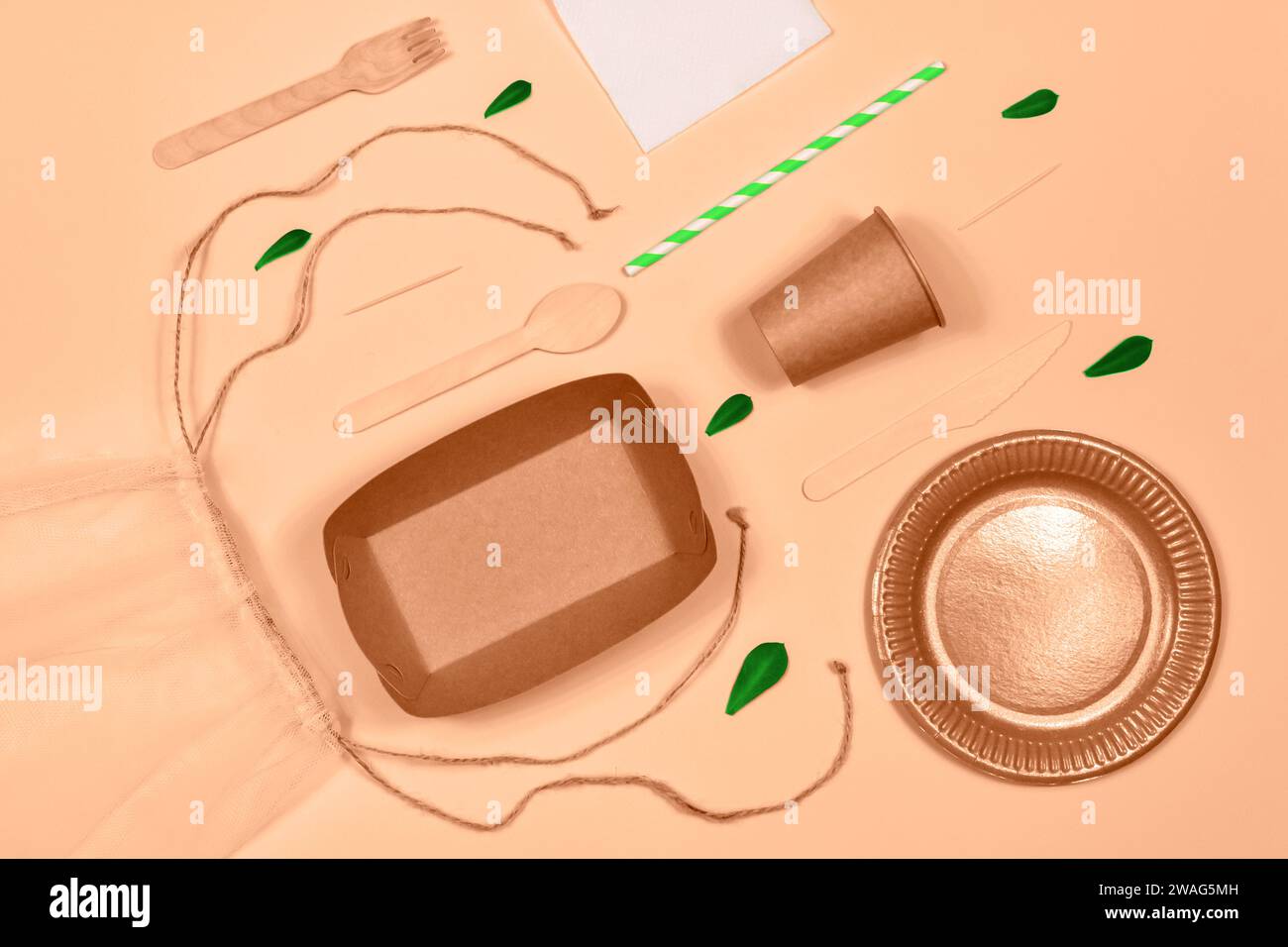 Zero waste. Eco-friendly disposable paper tableware on peach background ...