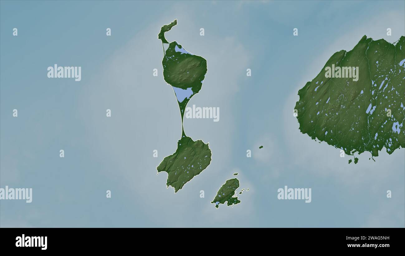 Saint Pierre and Miquelon outlined on a Pale colored elevation map with lakes and rivers Stock ...