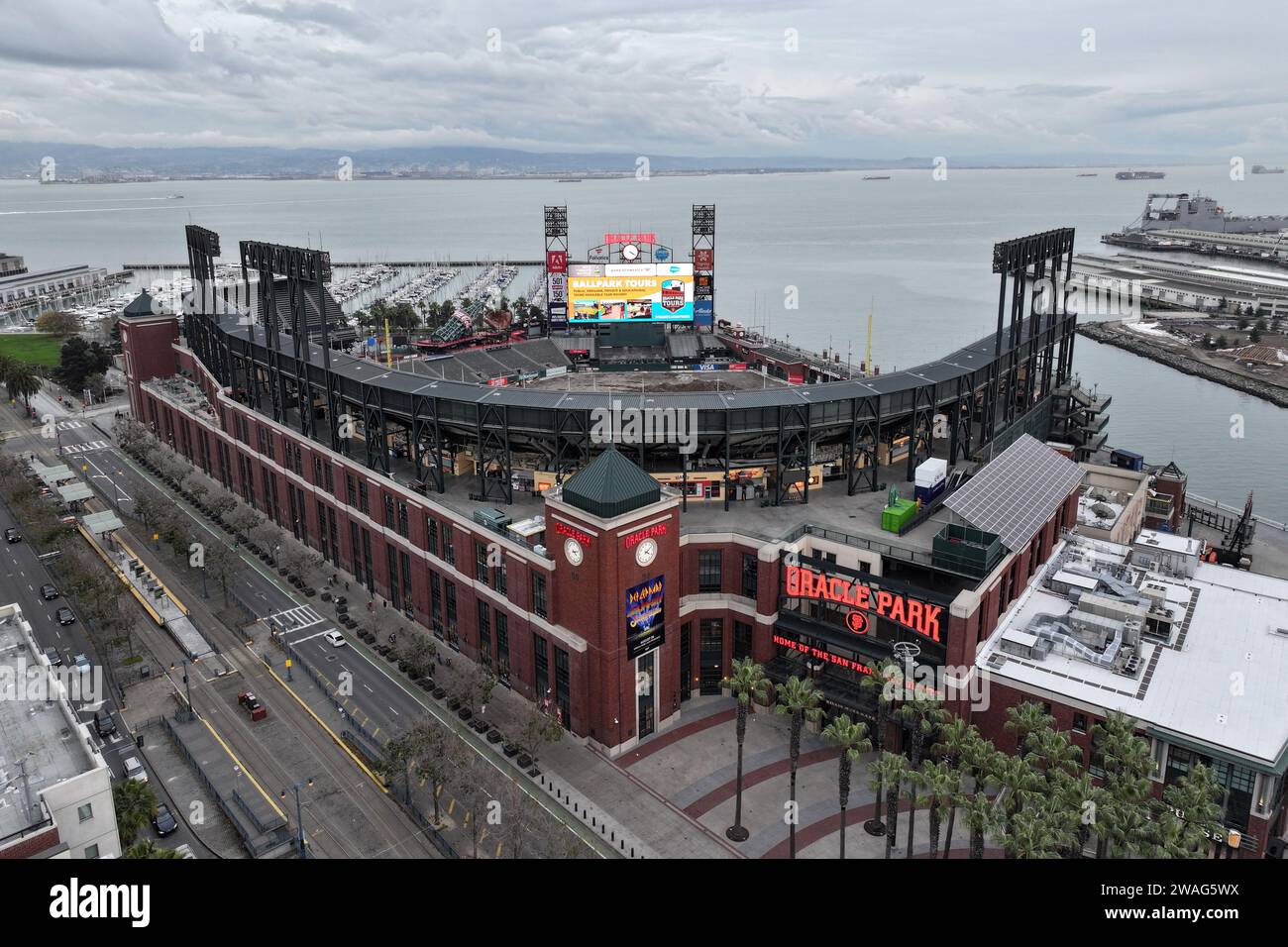 A general overall aerial view of Oracle Park, Sunday, Dec. 31, 2023, in ...