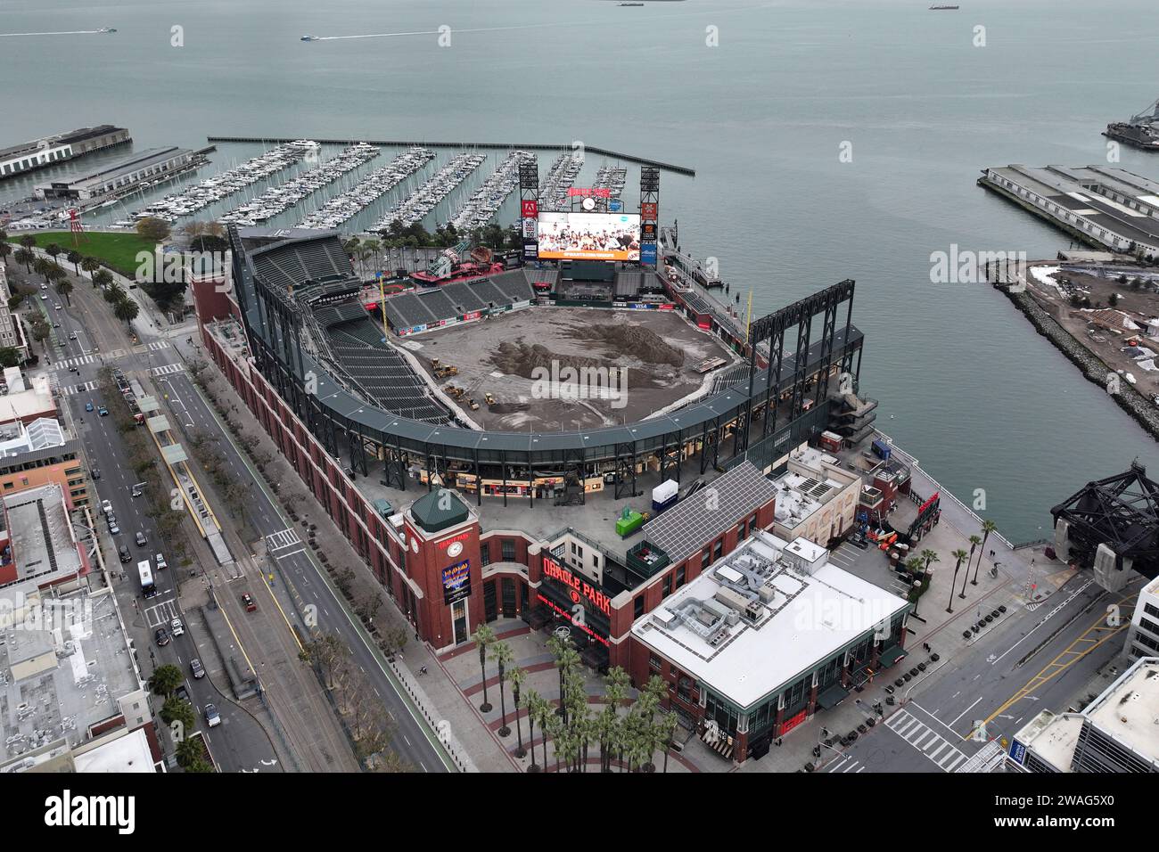 A general overall aerial view of Oracle Park with the Baseball field ...