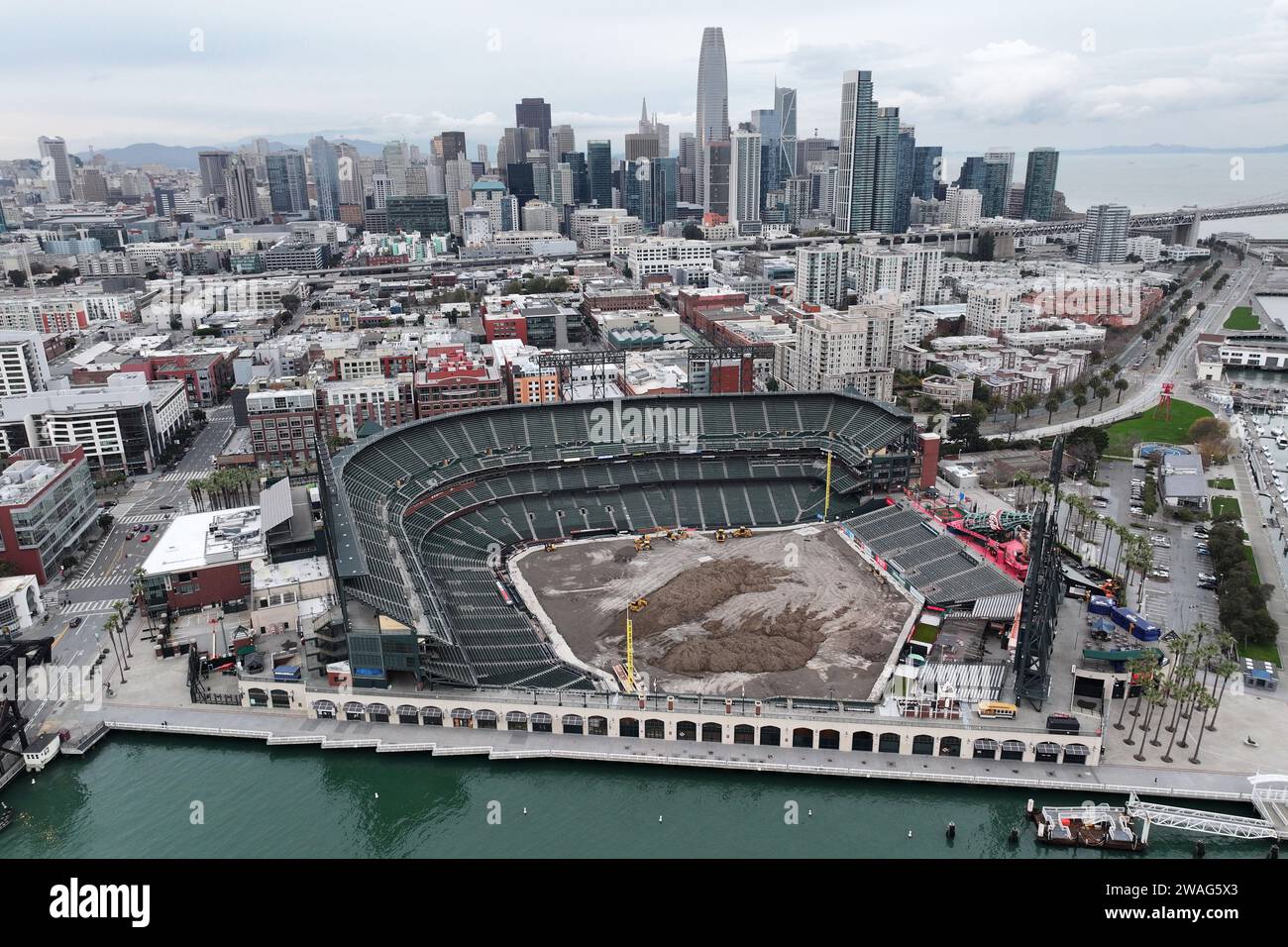 A general overall aerial view of Oracle Park with the Baseball field ...
