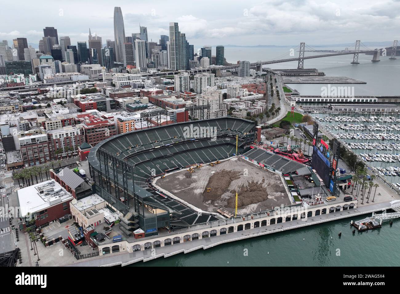 A general overall aerial view of Oracle Park with the Baseball field ...