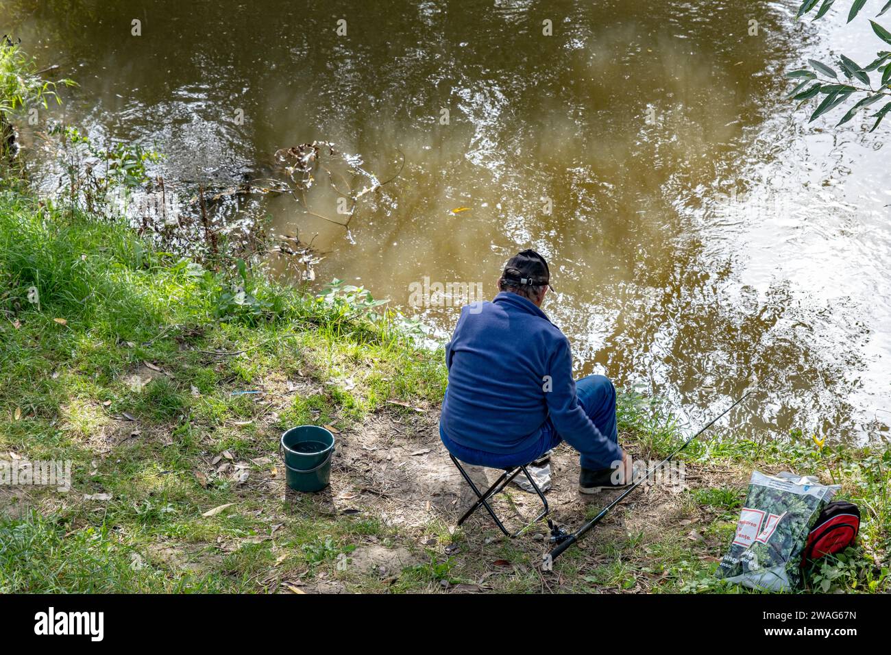 Sibiu City, Romania - 23 September 2023. fisherman with a fishing rod ...
