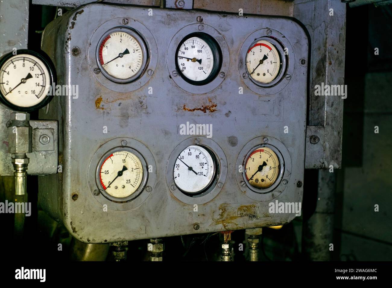 old panel with measuring instruments from the locomotive Stock Photo ...