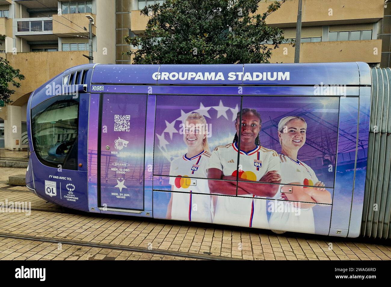 Tramway decorated in the colors of Olympique Lyonnais football team ...