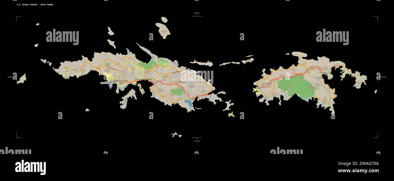 Shape of a topographic, OSM standard style map of the U.S. Virgin ...