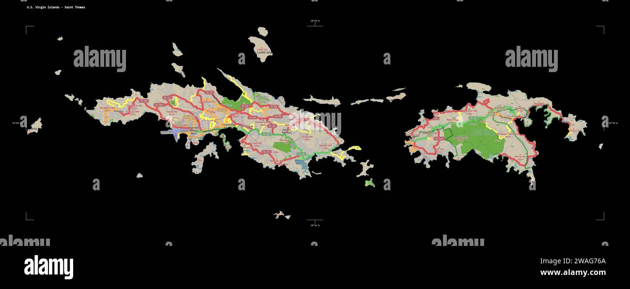 Shape of a topographic, OSM France style map of the U.S. Virgin Islands ...