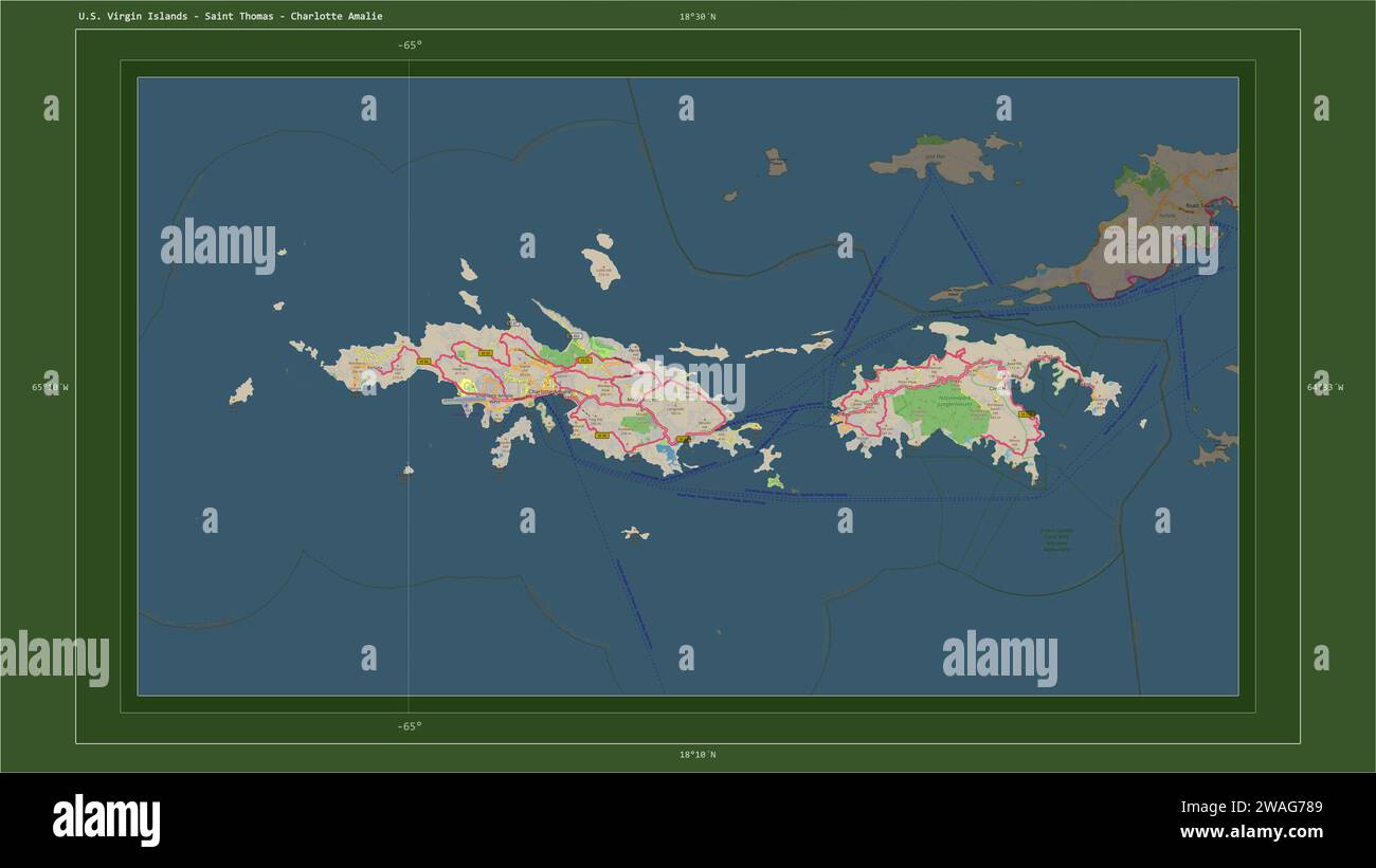 U.S. Virgin Islands - Saint Thomas highlighted on a topographic, OSM Germany style map map with ...