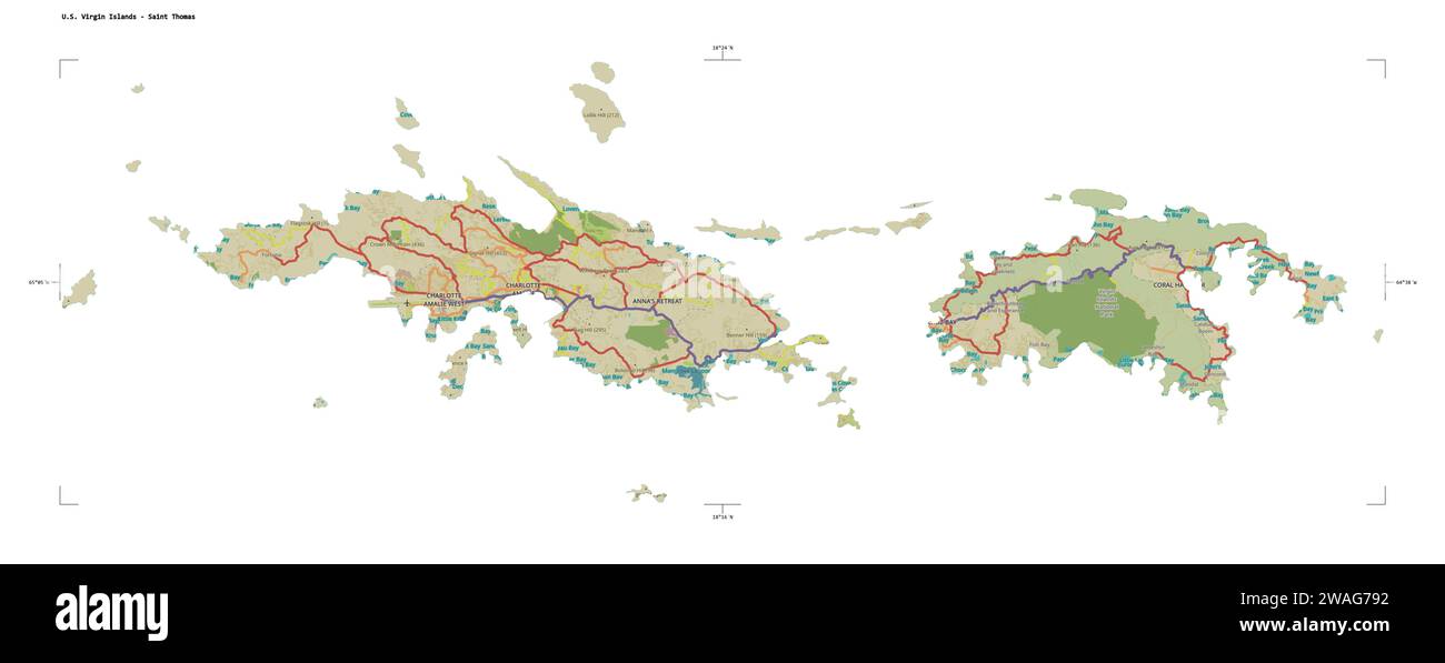 Shape of a topographic, OSM Humanitarian style map of the U.S. Virgin ...