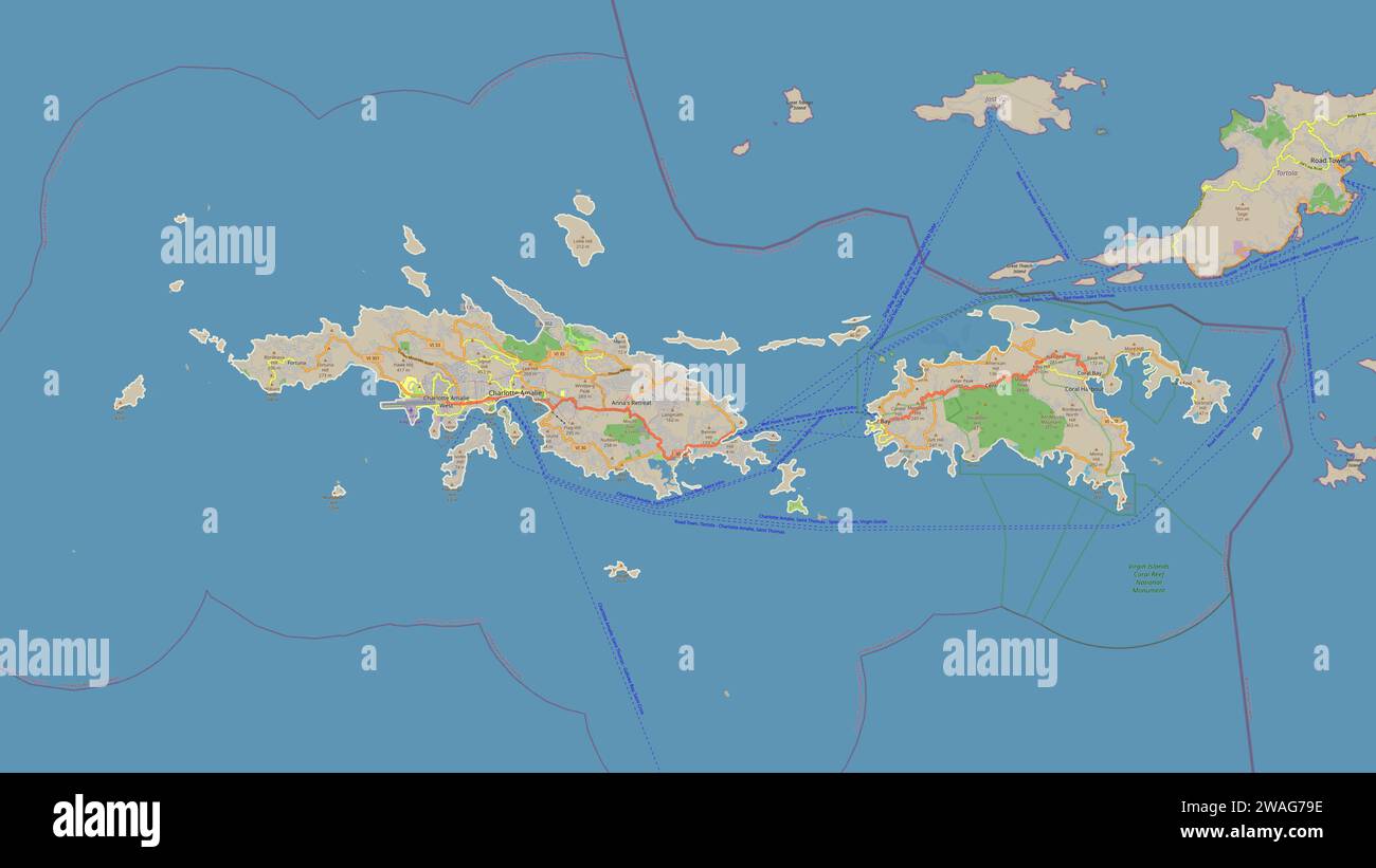 U.S. Virgin Islands - Saint Thomas outlined on a topographic, OSM standard style map Stock Photo ...
