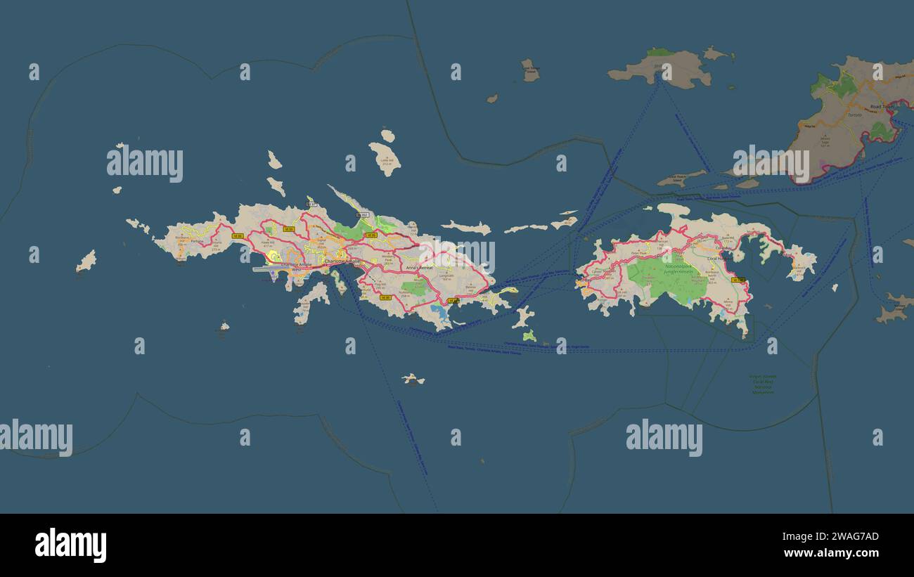 U.S. Virgin Islands - Saint Thomas highlighted on a topographic, OSM Germany style map Stock ...