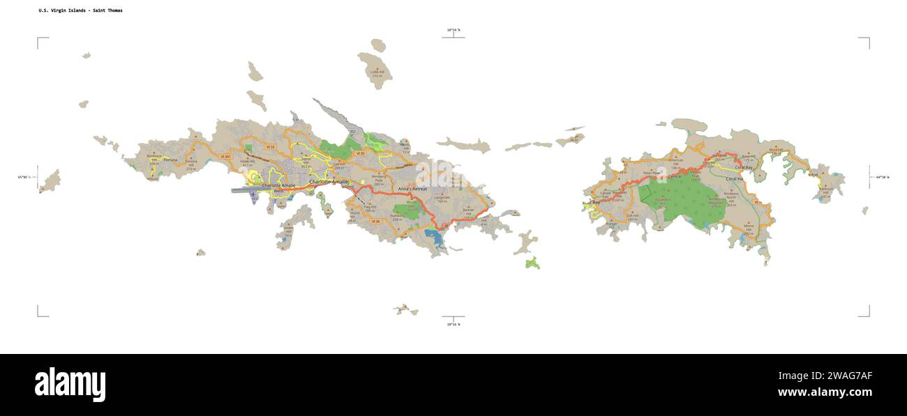 Shape of a topographic, OSM standard style map of the U.S. Virgin ...