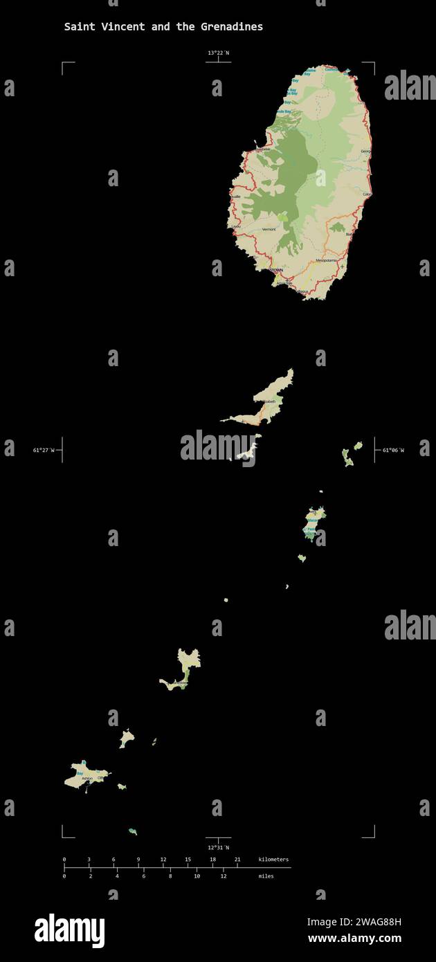 Shape of a topographic, OSM Humanitarian style map of the Saint Vincent ...