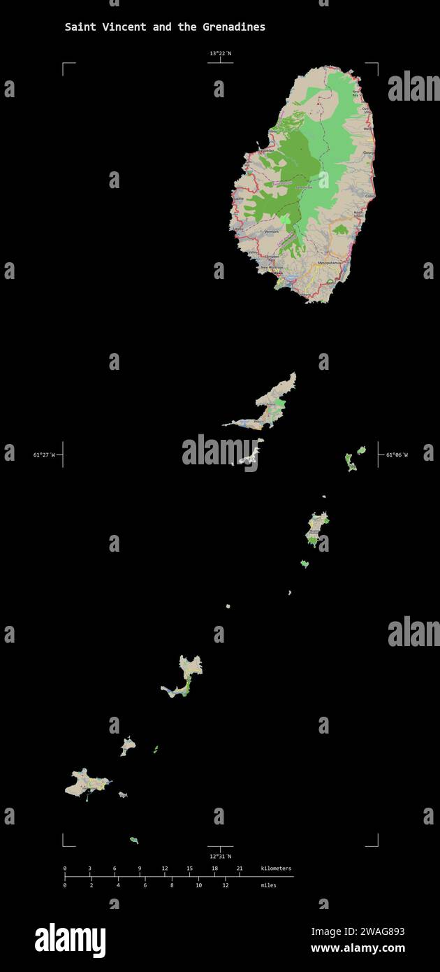 Shape of a topographic, OSM France style map of the Saint Vincent and ...