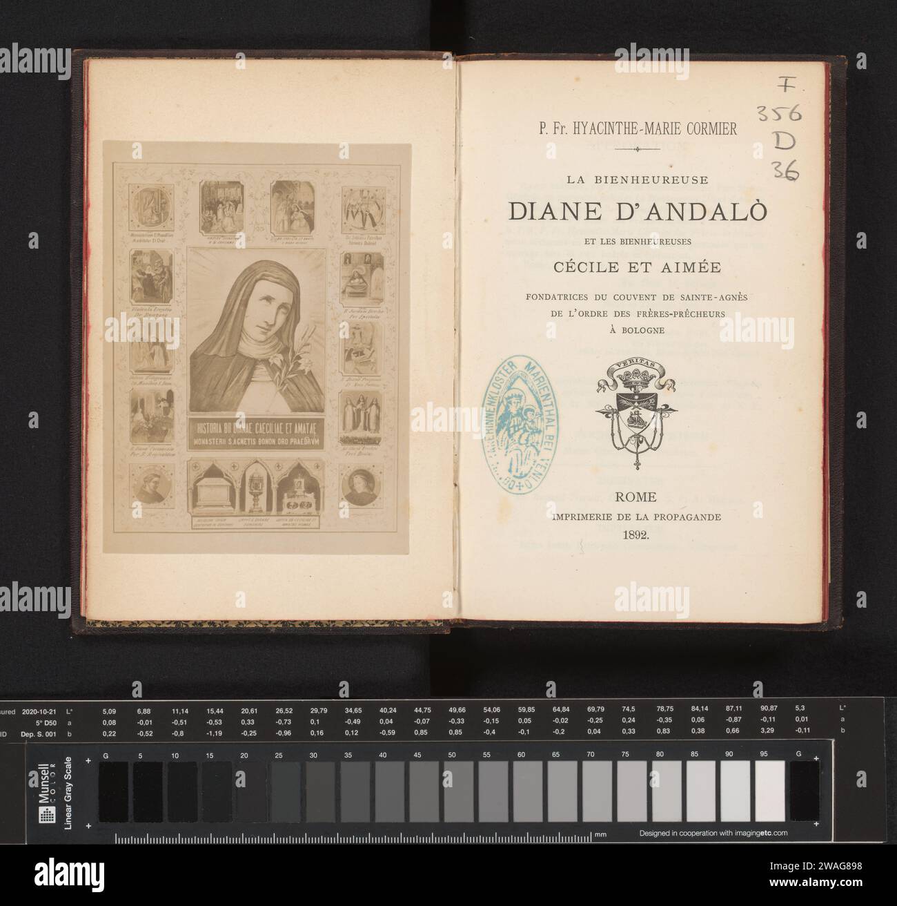 Photo production of a painting, representing a portrait and scenes from the life of Saint Diana ...