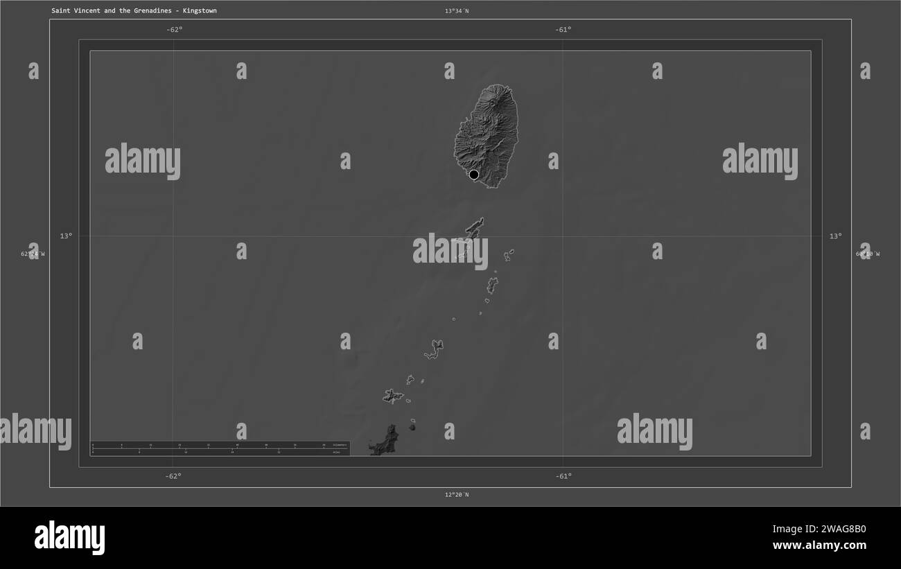 Saint Vincent and the Grenadines highlighted on a Bilevel elevation map ...